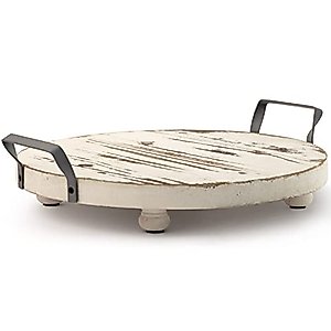 BOWERISH Vintage Round Wood Riser for Decor - Wooden Cake Stand Rustic - Farmhouse Pedestal Stand - 12 Inches Tray Riser, Interchangeable Iron Handles for Plates