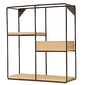 Modernist Industrial Chic Floating Box Shelf Unit, Wall Mounted, Black Iron, Includes 2 Flat Shelves, 1 Bin, Clear Finished, Solid Wood, Black Iron, 4.25 L x 12.25 W x 13.75 H Inches