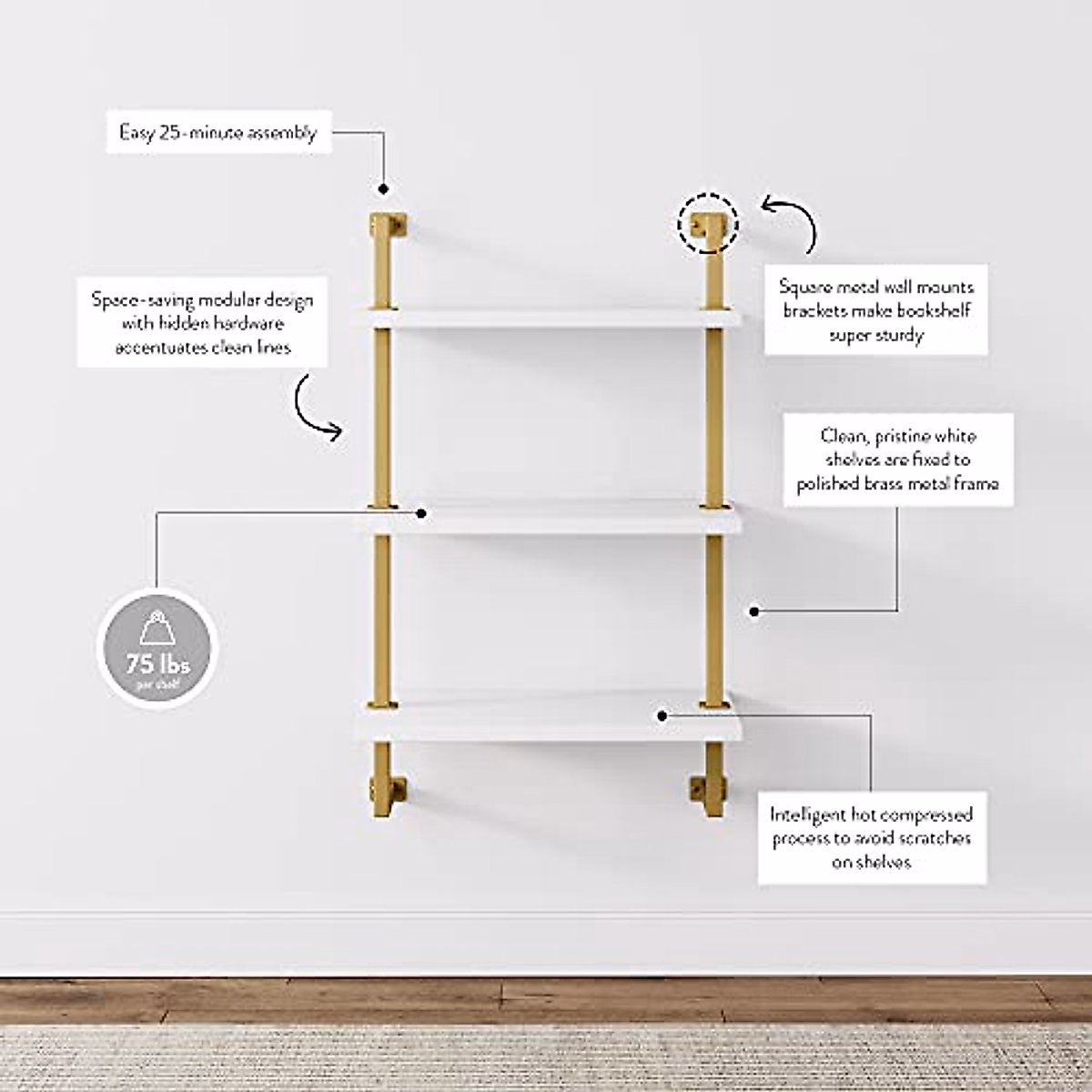 Nathan James Theo 3-Shelf Small Bookcase, Floating Wall Mount Bookshelf with Wood and Industrial Pipe/Metal Frame, White/Brass Gold