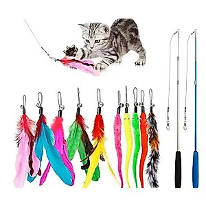JIARON Cat Toys Feather Toy, 2PCS Retractable Cat Wand Toys and 10PCS Replacement Teaser with Bell Refills, Interactive Catcher Teaser and Funny Exercise for Kitten or Cats.