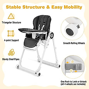 BABY JOY High Chair for Babies & Toddlers, Foldable Highchair with Adjustable Backrest/Footrest/Seat Height, Double Removable Trays, Detachable Seat Cushion, 4 Lockable Wheels (Black)
