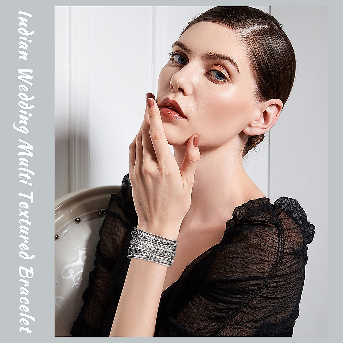 JEWPARK 50Pcs Mixed Metal Aztec Multi Bangle Set Indian Wedding Multi Textured Bracelet Smooth Bangle Bracelets Set of 50 in Gold Tone for Women