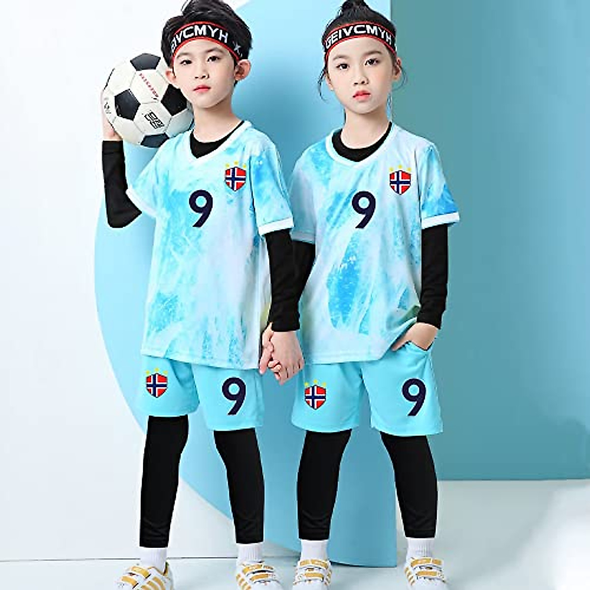 Casmyd Kids Youth HAA’landd Jersey+Soccer Shorts for Boys #9 Halland Norway Football Sports Team Ice Graphic T-Shirt Kit Blue