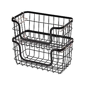 Amazon Basics Stackable Metal Wire Storage Basket Set for Kitchen or Bathroom - Black/Rose Gold