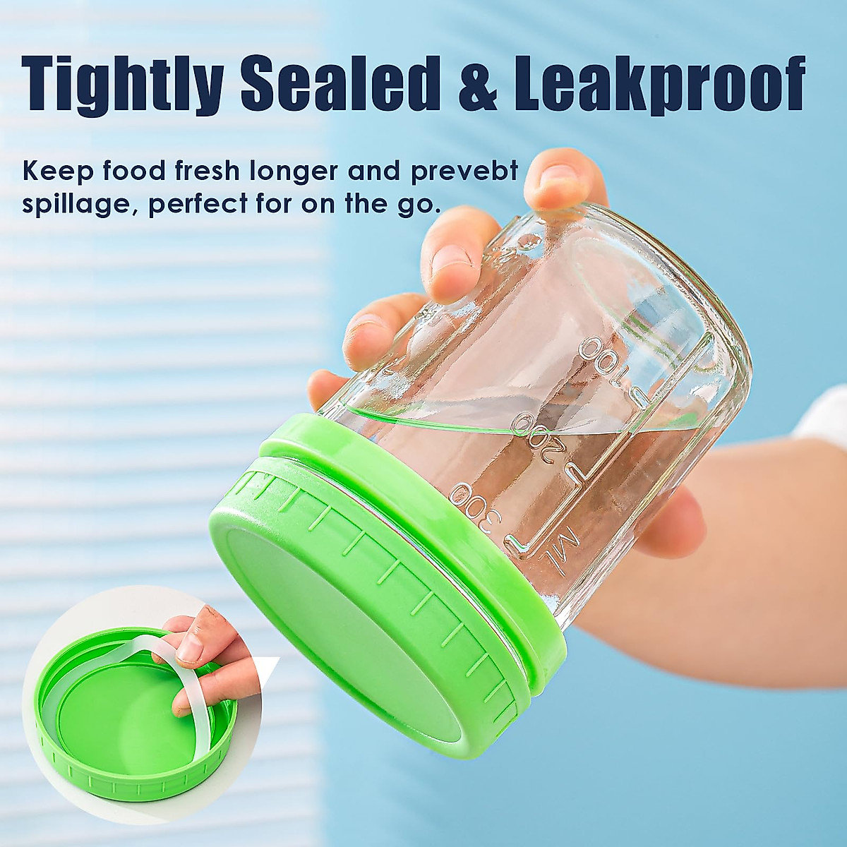 wookgreat Overnight Oats Jars, Overnight Oats Container with Leakproof Lid and Spoon Set of 4, 12 Oz Glass Mason Jars, Large Capacity Wide Mouth Jars with Measure Marks for Cereal Milkshake Meal Prep