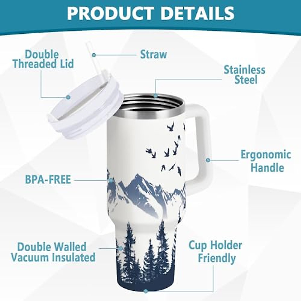 Jihqo Graffiti Mountain Tree 40 oz Stainless Steel Vacuum Insulated Tumbler with Handle and Straw Lid, Leakproof Water Bottle Double Wall Travel Mug Coffee Cup, Cupholder Friendly