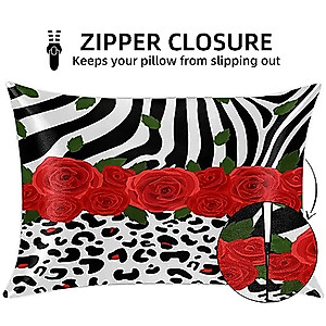 Satin Pillowcase for Hair and Skin Leopard Zebra Print Rose Silk Pillowcase with Zipper, Soft Silky Pillow Cover Standard Size (20x26 Inches), Slip Cooling Satin Pillow Cases