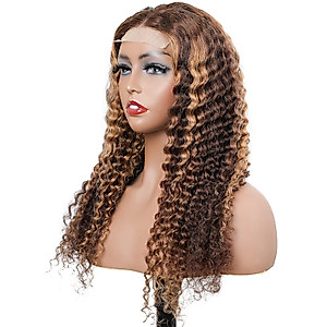 BLY Highlight Human Hair Lace Front Wigs Deep Wave #4/27 Ombre Colored Glueless Wigs Pre Plucked 18 Inch 4x4 Transparent Curly Water Wave Lace Wig Honey Blonde Real Human Hair 180% Density