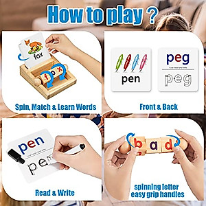 Montessori Toys for Toddlers 3 4 5 Years Old Wooden Reading Writing Blocks Flash Cards Rotating Matching Letters Toy Short Vowel Rods Spelling Games for Kids Alphabet Learning for Preschool Boys Girls