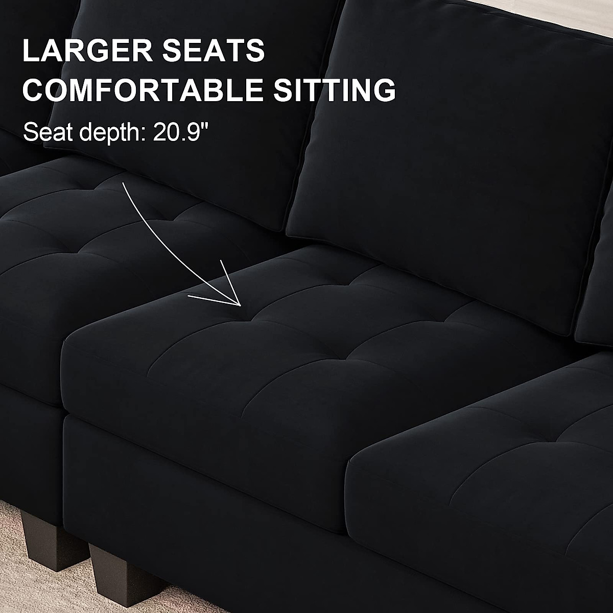 Belffin Velvet Reversible Sectional Sofa with Chaise Convertible L Shaped 4-seat Sectional Couch with Storage Ottoman Black