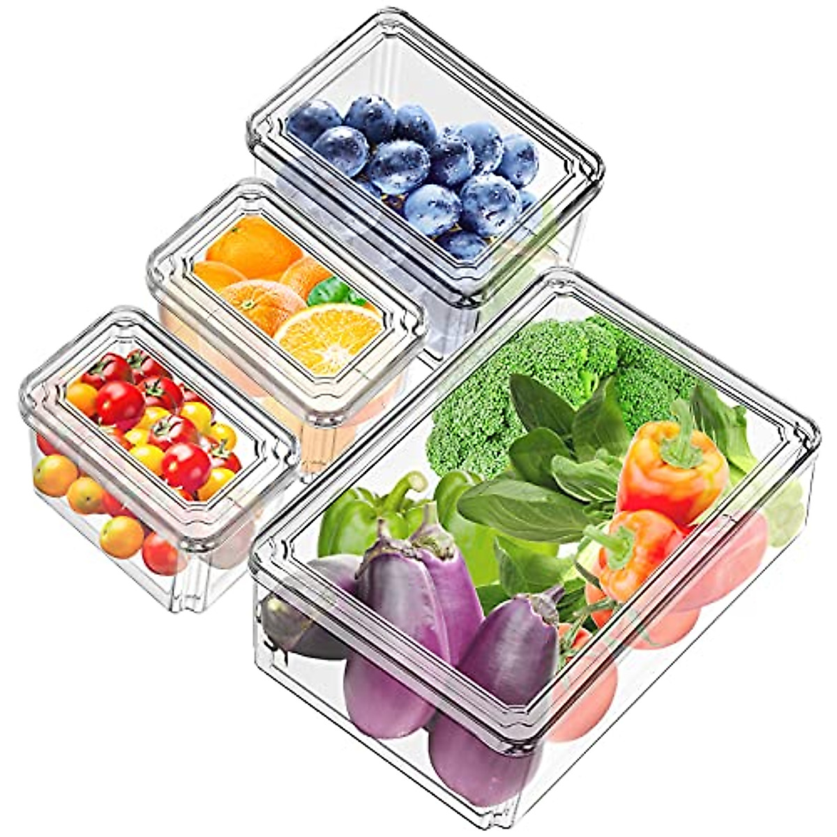 Set of 4 Fridge Food Storage Bins, Stackable Clear Kitchen Fruit Storage Containers, Freezer Organizer Fresh Keeper Box with Lid for Kitchen Countertops, Refrigerator, Pantry and Cabinets