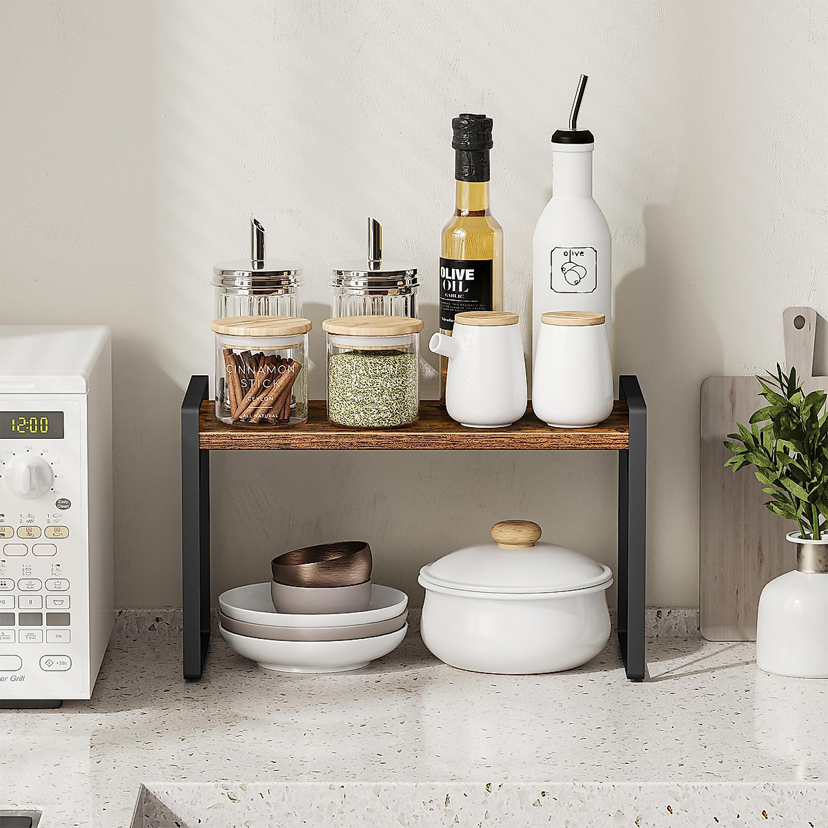 Giikin Countertop Shelf Organizer, Cupboard Stand Spice Rack, Retro Style Cabinet Shelf for Pantry, Kitchen, Bathroom, Reading Room, Bedroom to Save Space (15.7 Inches, Rustic Brown)