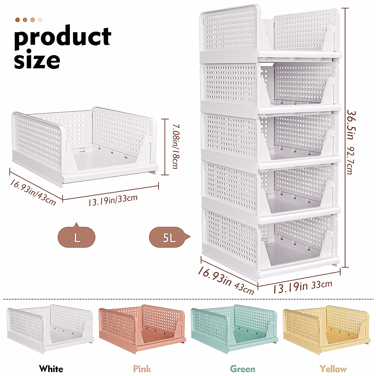 SNSLXH 5 Pack Stackable Closet Organizer Box, Multifunctional & Foldable Closet Storage Basket for Bathroom Kitchen Laundry Room Wardrobe Storage, Space-Saving Clothes Storage Drawer Organizer, White