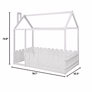 Merax Twin Size House Bed Frames Platform Bed with Fence for Boys or Girls, Box Spring Needed(Slats Kit Not Included), White