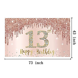 Happy 13th Birthday Banner Backdrop Decorations for Girls, Rose Gold 13 Birthday Party Sign Supplies, Pink 13 Year Old Birthday Poster Background Photo Booth Props Decor