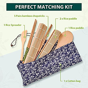 Soeos Beginner Sushi Making Kit, Sushi Making Kit for Beginners with 2 Sushi Rolling Mats, 5 Pairs Chopsticks, 1 Paddle, 1 Spreader, 1 Cotton Bag, Sushi Making Kit Gift Set, Sushi Maker Kit