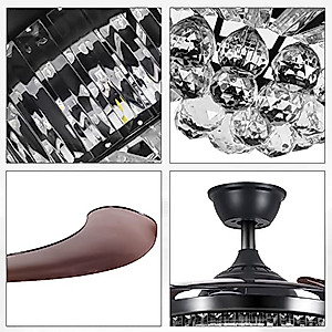 KPIBEST 42 inch Chandelier Ceiling Fan with Remote Control, Crystal Ceiling Fans with 3 Lights Level and 3 Speed, Modern Retractable Fandalier Ceiling Fan for Dining Room Bedroom