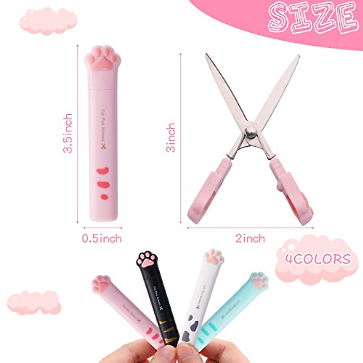 4 Pieces Cute Mini Scissors, Cartoon Cat Paw Stainless Steel Craft Scissors, Folding Stationery Scissors with Safety Cover, Portable Safety Scissors for Paper Cutting, Scrapbooking, Crafting