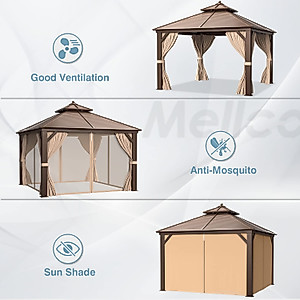 MELLCOM 12' x 12' Hardtop Gazebo, Galvanized Steel Double Roof Outdoor Gazebo, Aluminum Frame Metal Gazebo with Netting and Curtains for Patios, Gardens, Lawns Brown