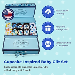 Unique Cupcake Baby Boy Gift Set | Baby Boy Newborn Essentials | Baby Clothes for Boys | Newborn Boy Outfits for Expecting Moms and Gender Reveals | Baby Layette Set - Blue | Nikki's Gift Baskets