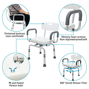 KUNTOM Swivel Shower Chair Bath Chair Height Adjustable with Arms and Back, Aluminum Alloy Frame with Locking Mechanism White