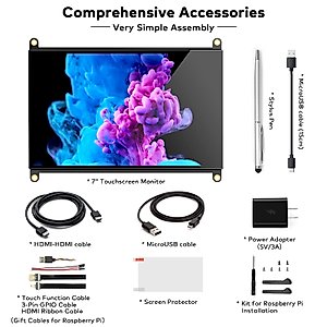 NORSMIC Raspberry Pi Screen, 7 inch Monitor, IPS HD 1024×600, Responsive Capacitive Touch,Dual Built-in Speakers,HDMI Input,Compatible with Various Devices and OS,Easy Assembly,Driver Free
