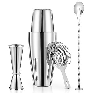 X Home Cocktail Shaker Set, Professional 4-Piece Bartender Kit with Boston Shaker, Hawthorne Strainer, Double Measuring Cocktail Jigger, and 10-inch Mixing Spoon, Bartender's Choice
