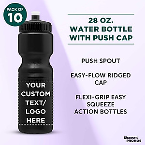 DISCOUNT PROMOS 28 oz. Custom Push Cap Plastic Water Bottles Set of 10, Personalized Bulk Pack - Perfect for Gym, Hiking, Camping, Outdoor Sports - Black
