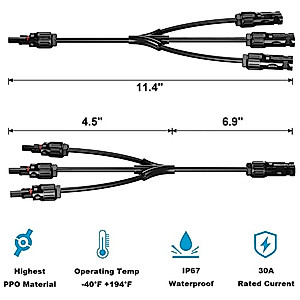 PFCTART Y Branch Solar Wiring Connector Plug, Panel Splitter Connectors and Wires Accessories Charge Controller Kit Solar Cable for Combiner Box (12AWG 1 Pair M/FFF+F/MMM)
