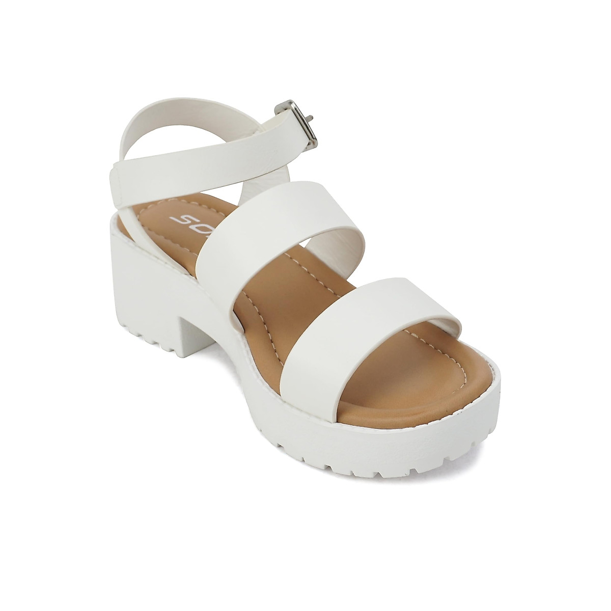 Soda ACCOUNT-2 ~ Little Kids/Children/Girls Open Toe Two Bands Lug sole Fashion Block Heel Sandals with Adjustable Ankle Strap (WHITE PU, numeric_3)
