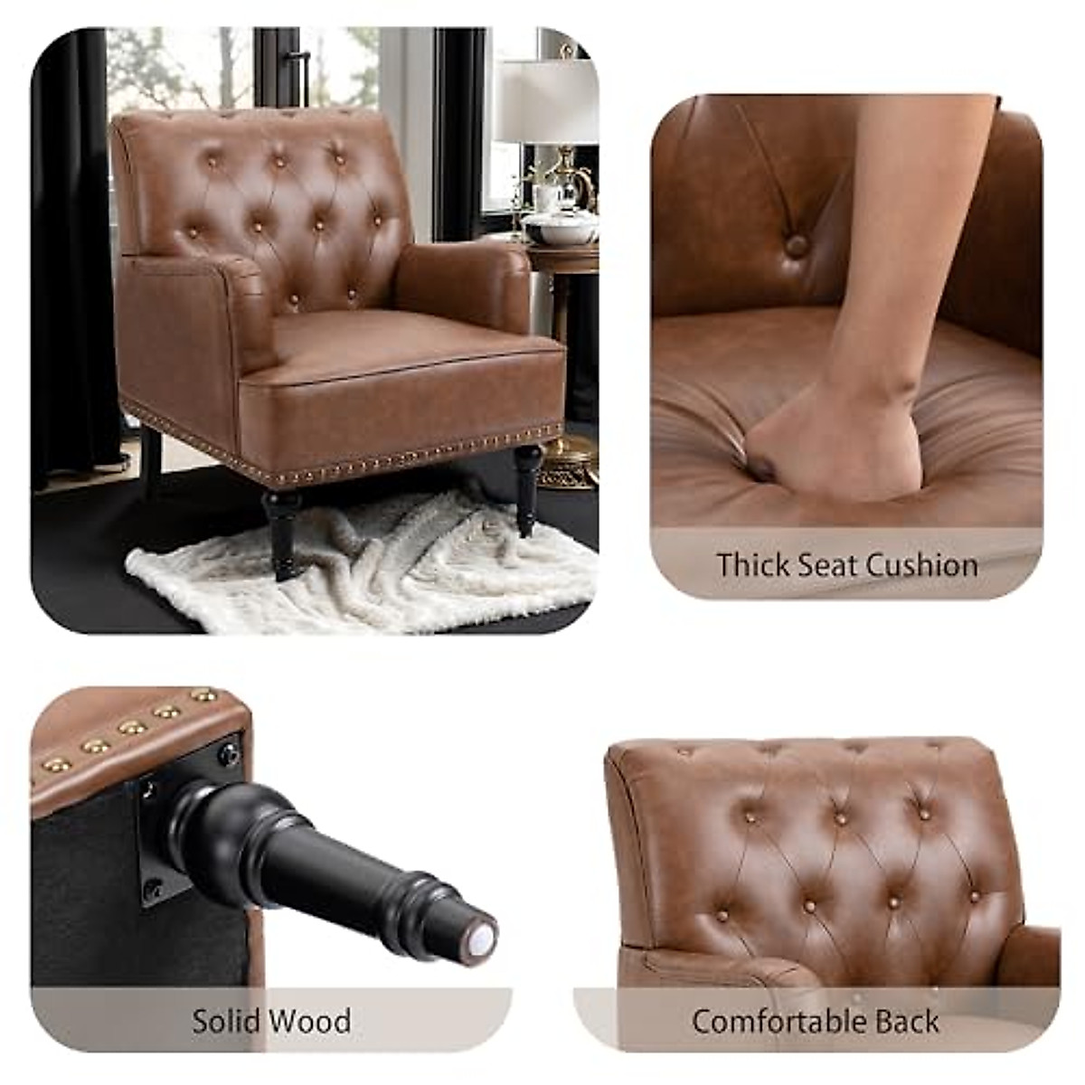 MOJAY Mid-Century PU Leather Accent Chair, Living Room Lounge Sofa Chair with Black Painted Rubber Wood Feet, Single Club Armchair with Rivet Trim for Bedroom Home Reception (Brown)