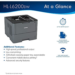 Brother HL-L62 Series Compact Monochrome Laser Printer, 48ppm, 520 Sheets, Wireless, Mobile Printing, Auto 2-Sided Printing, with MTC Printer Cable