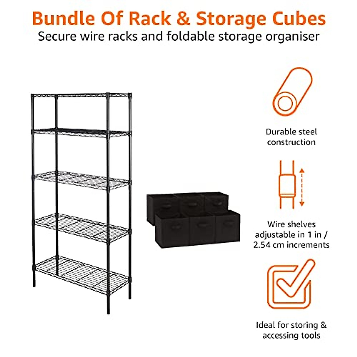 Amazon Basics 5-Shelf Storage Unit with Height Adjustable Shelves and Foldable Storage Cubes (6 Pack), Black