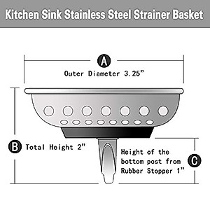 Hydro Master Kitchen Sink Basket Strainer Replacement for Standard Drains(3-1/2 Inch)，Heavy Duty Stainless Steel with Rubber Stopper for Kitchen Sinks