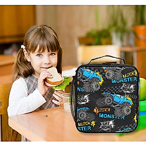 litebear Kids Lunch Box Boys Girls Insulated Lunch Cooler Bag Monster Truck Car Trace Reusable Lunch Tote Kit for School Travel