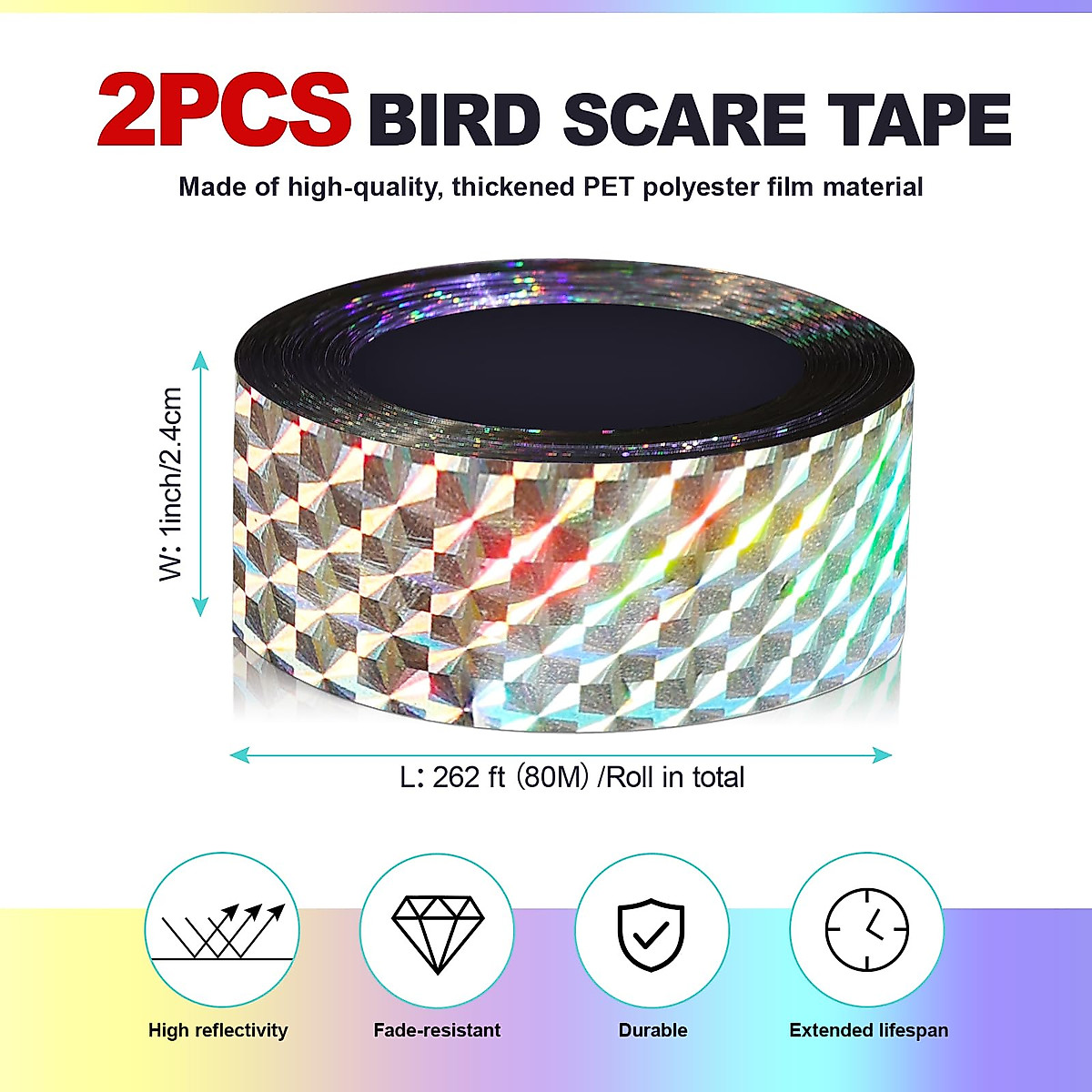 Bird Scare Tape Ribbon(524FT) - Reflective Tape for Birds - Keep Birds Away Outdoor - Scare Tape for Bird Control - Double Side Ribbon, Scare Geese, Pigeon, Duck, Woodpecke - Yard Decoration