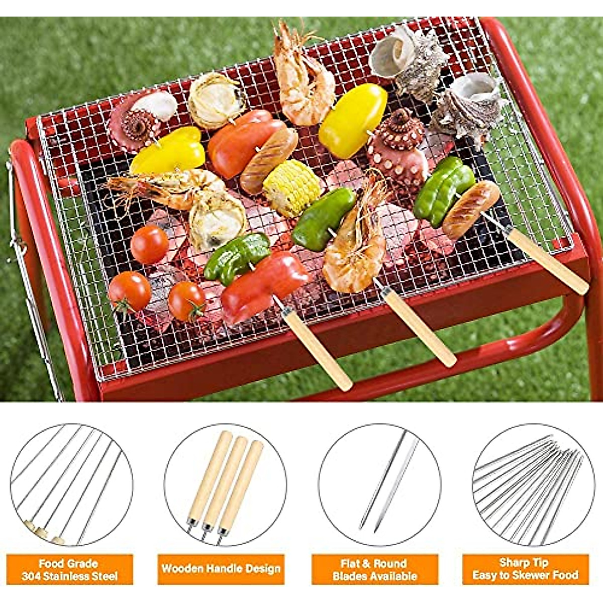 10 Pieces Stainless Steel skewers, BBQ skewers, Meat skewers, Stainless Steel skewers, Reusable BBQ skewers, Kebabs - 35cm