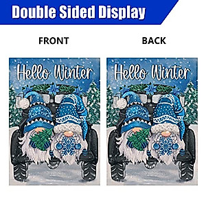Covido Home Decorative Hello Winter Blue Gnome Garden Flag, Black Truck Yard Outside Decorations, Pickup Outdoor Small Decor Double Sided 12x18