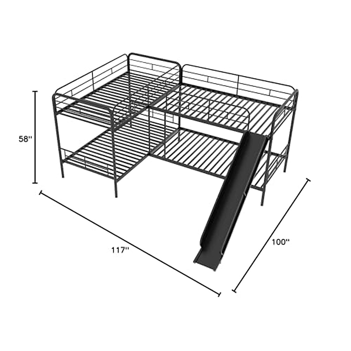 Tulib Twin Size L-Shaped Bunk Bed with Slide, Metal Bunkbed Frame w/Ladder & Safety Guardrail for 4, Bedroom, Home, No Spring Box Needed, Black