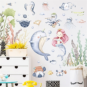WAFT YEARN Vinyl Removable Lovely Mermaids Fish Underwater Ocean Animal Wall Decal Wall Sticker Decor for Nursery School Classroom Bedroom Bathroom Girls Room Playroom 29.1 in by 37 in