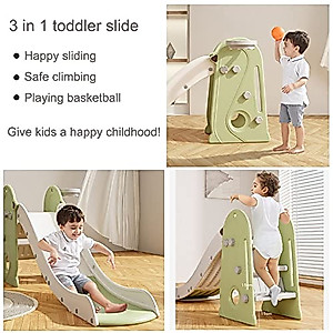 Kid Slide Toddler Slide for Kids with Basketball Hoop, Indoor and Outdoor Backyard Baby Playground, Freestanding Baby Slide Climber Playset Toys, Toddlers Age 2-7 Green