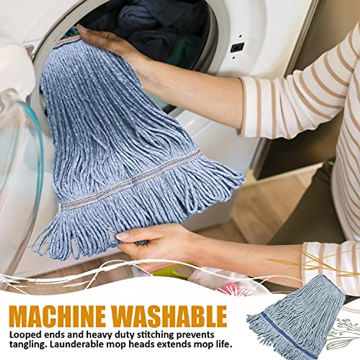 Buena Goods Heavy Duty Blue Commercial Mop Head Replacement. Looped End Synthetic Cotton Blend Mop Refill. Industrial Grade Reusable Washable Wet Mop Heads. Durable Wide Universal Headband. 3 Pack