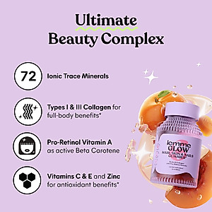 Lemme Glow Collagen Gummies for Thick Hair, Strong Nails & Healthy Skin with Multi-Collagen Peptides, Biotin, Trace Minerals, Zinc, Vitamins A, C & E, Dairy & Gluten Free, Peach Flavor, 60 ct.