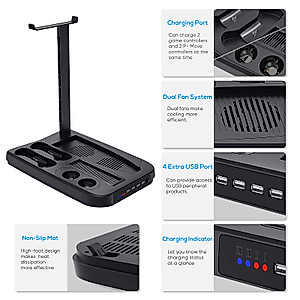 Charging Display Stand Compatible with PS5 VR, Vertical Stand with Cooling Fan Compatible with PS5 DE/UHD Storage Bracket Charger Station Compatible with PS5/PS5 VR Move Controller with 4 USB Hub