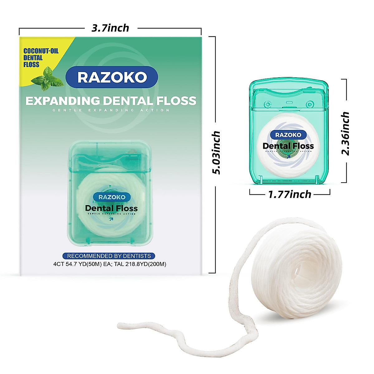 RAZOKO Coconut Oil Dental Floss Expanding Dental Floss Suitable for Wide Spaces (55 Yards, 4 Count) - Mint Flavor