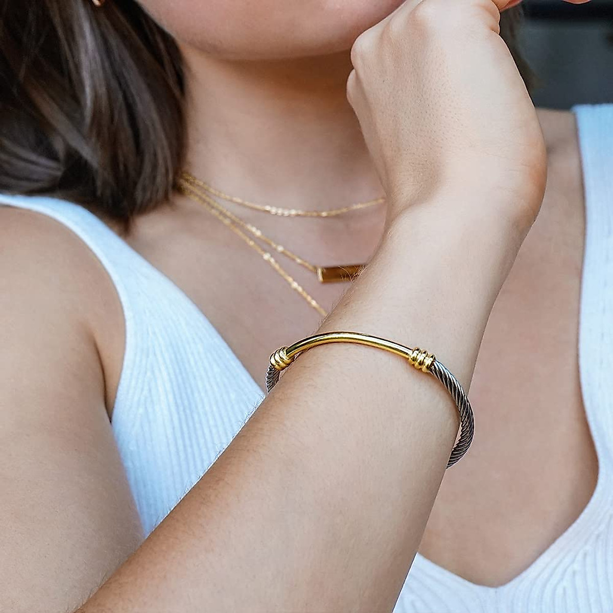 CIUNOFOR Bracelet for Women and Men Silver Gold Rose Gold Cable Inspired Antique Stainless Steel Twisted Cuff Bangle Adult Jewelry (Gold)