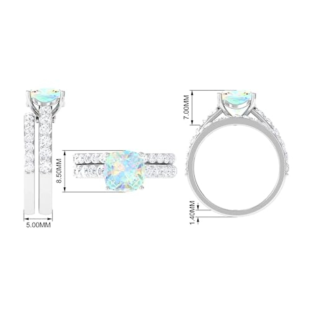 Certified Opal Wedding Ring Set, AAA Quality, Natural 8mm Cushion Cut Opal Engagement Ring with Moissanite Enhancer, 14K White Gold, Size:US 10.00