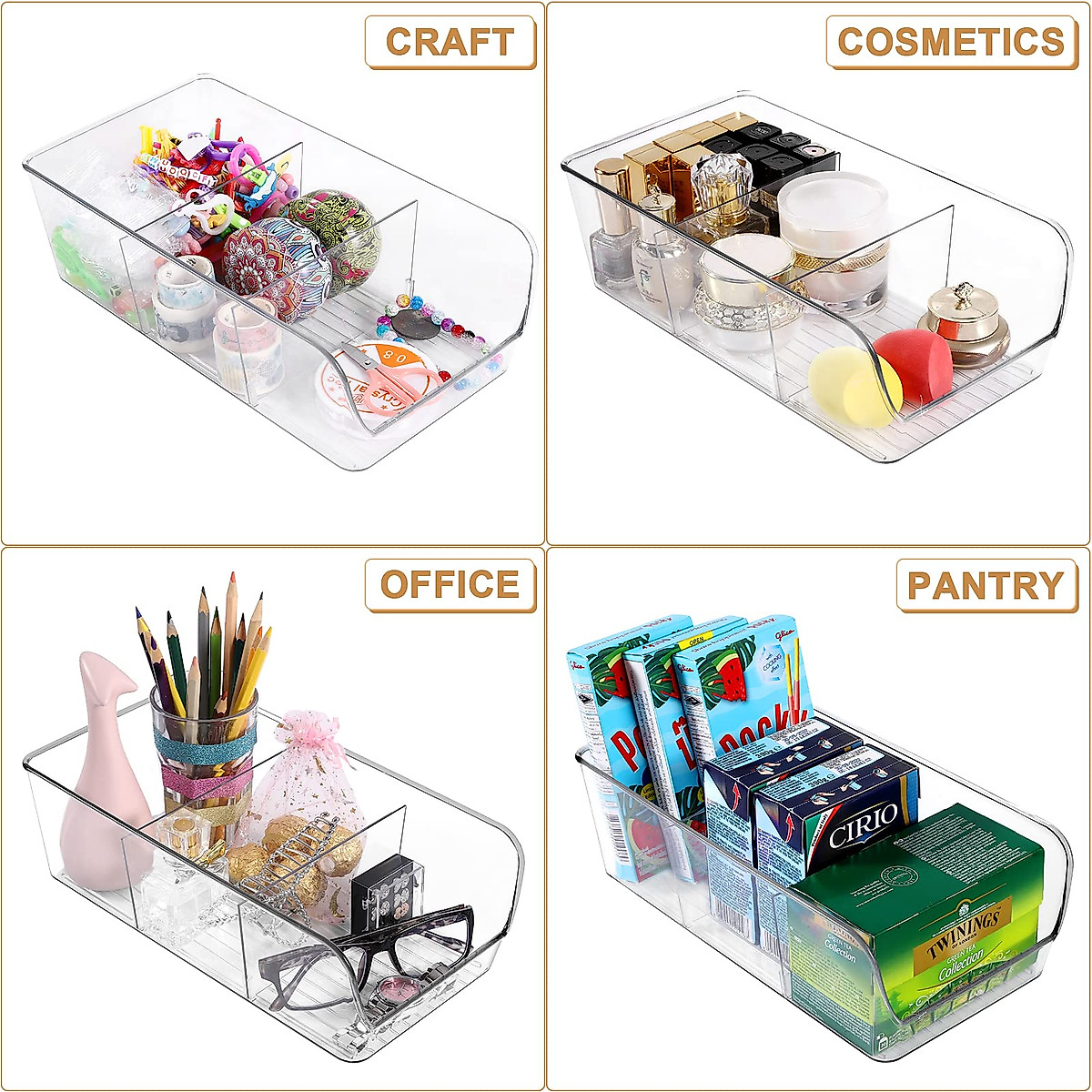 GESTONE 4 Pack Pantry Snack Organizer, Pantry Organization and Storage, Pantry Organizer Bins for Snacks, Pouches, Packets, Stackable Snack Organizers for Fridge, Kitchen, Cabinets, Table, Bedroom