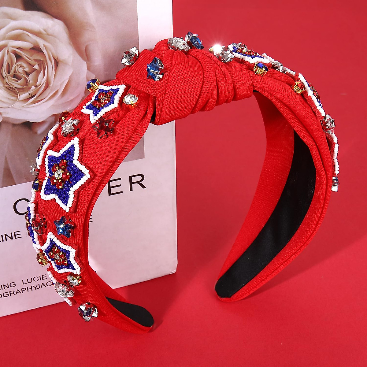 ZOLEAROPY American 4th of July Headband for Women USA Star Rhinestone Jeweled Knotted Headband Fourth of July Patriotic Red White Blue Beaded Star Top Knot Wide Hairband Hair Accessories Gift