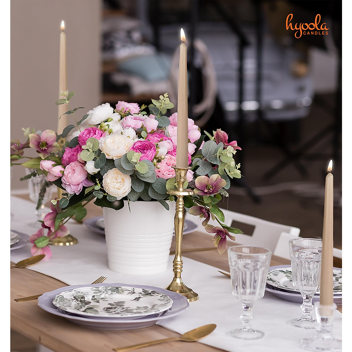 Hyoola 12 Pack Tall Taper Candles - 10 Inch Sahara Beige Dripless, Unscented Dinner Candle - Paraffin Wax with Cotton Wicks - 8 Hour Burn Time